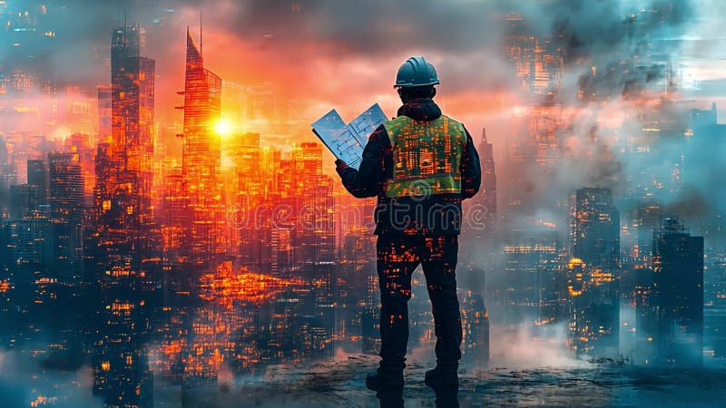 Engineer Surveys Futuristic Cityscape at Sunset in a Stunning 4k Visual ...