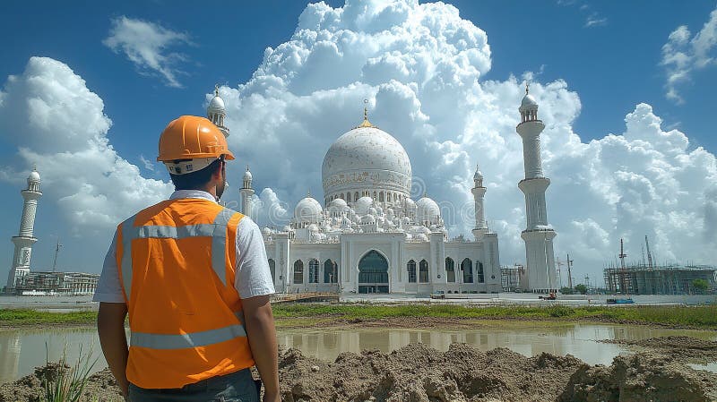Engineer Surveys Grand Mosque Construction Site Under Cloudy Sky Stock ...
