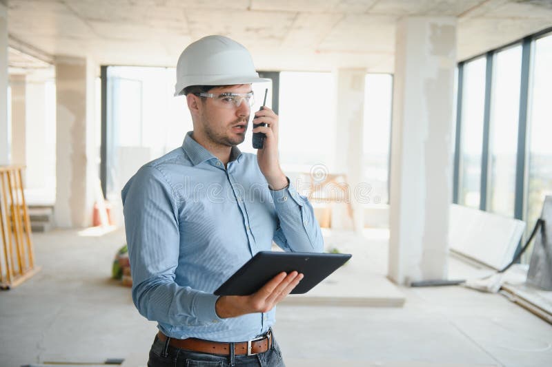 Engineer with Tablet, Building Inspection. Construction Man in Helmet ...