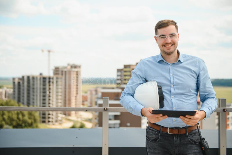 Engineer with Tablet, Building Inspection. Construction Man in Helmet ...