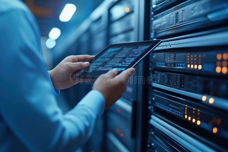 An Engineer with a Tablet Checks the Operation of Digital Equipment ...