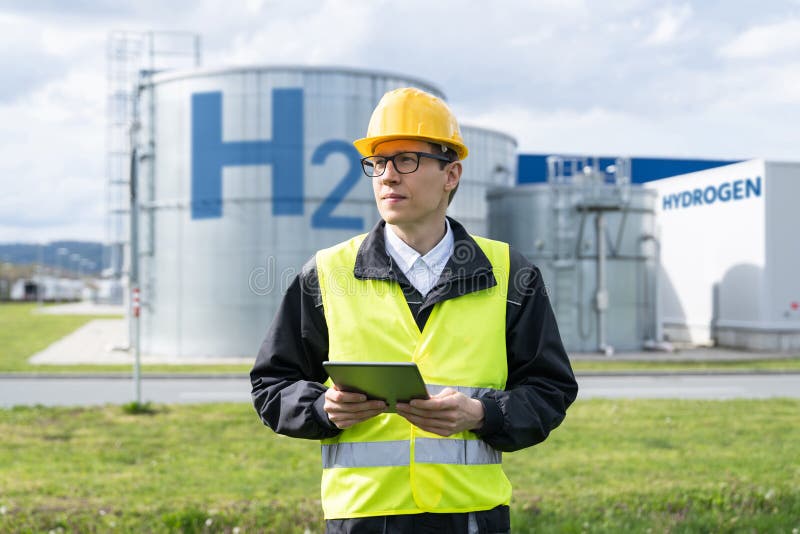 Engineer with Tablet Computer on a Background of Hydrogen Factory ...