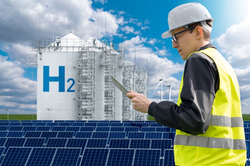 Engineer with Tablet Computer on a Background of Hydrogen Factory ...