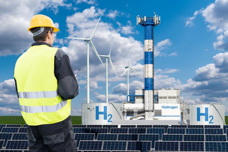 Engineer with Tablet Computer on a Background of Hydrogen Factory ...