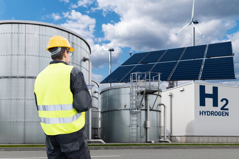 Engineer with Tablet Computer on a Background of Hydrogen Factory ...