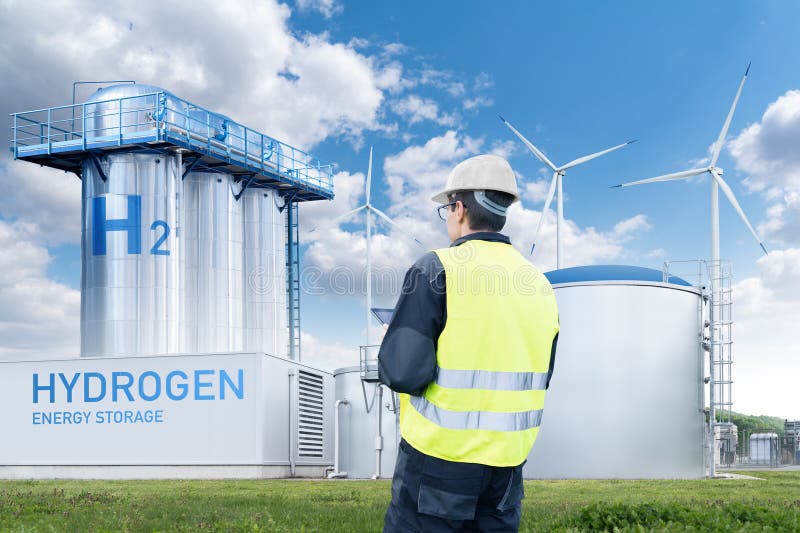 Engineer with Digital Tablet Works on a Field of Wind Turbines Stock ...