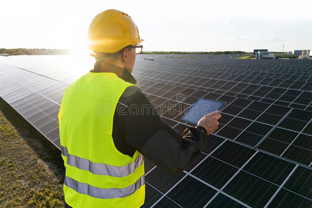 Engineer with Tablet Computer on a Solar Energy Power Station Stock ...