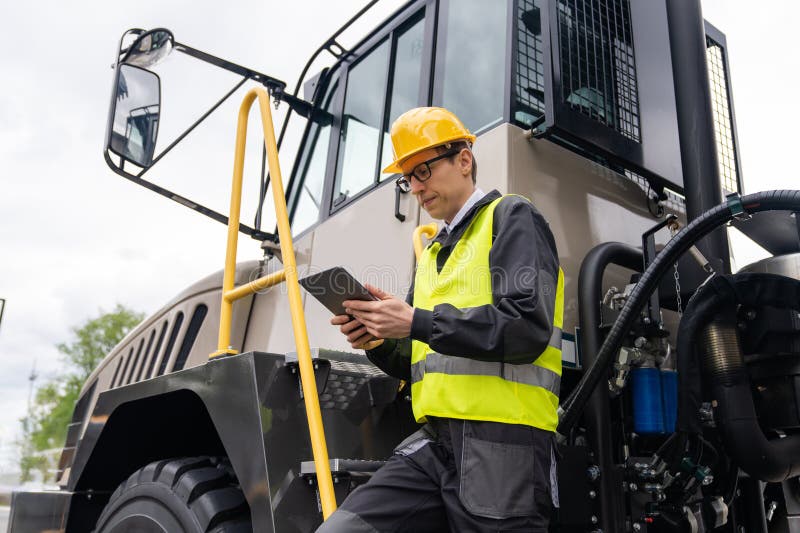 Engineer with Tablet Computer Stands on the Stairs To the Cab of a ...