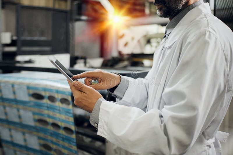 Engineer with Tablet Working at Polymer Factory, Close Up Stock Image ...