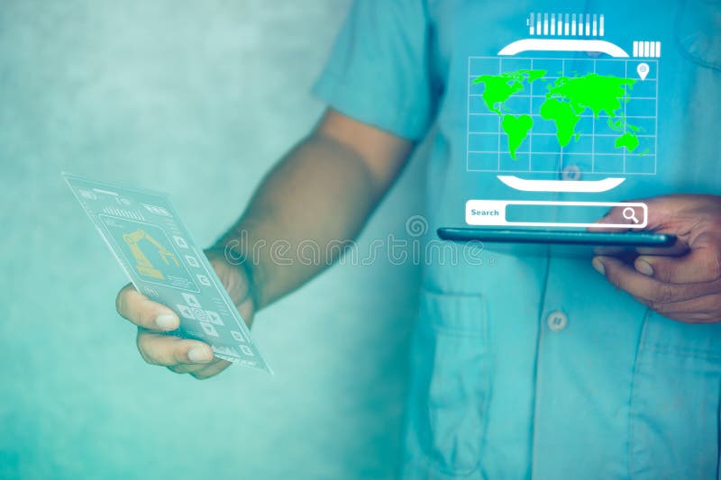 Engineer and Tablet Working with Screen Motor Diagram Stock Image ...