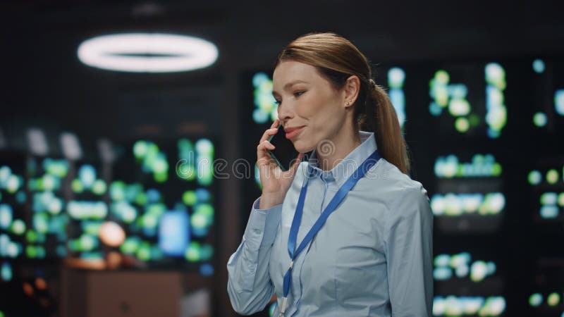 It Engineer Talking Smartphone Upgrading Hardware in Rack Server Room ...