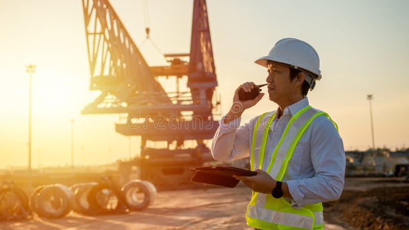 Engineer Talking on Walkie-talkie and Using Smart Phone for Working at ...
