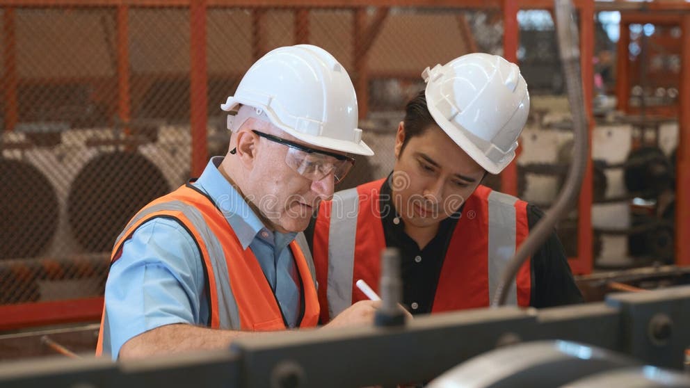 Engineer Teaching Apprentice To Use Metal Sheet Stamping Machine Stock ...