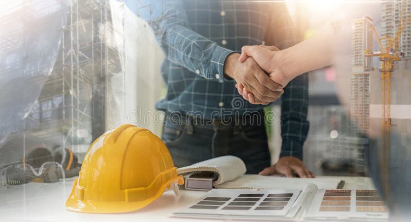 Engineer Team Hardhat Yellow Standing Handshake. Construction Engineer ...