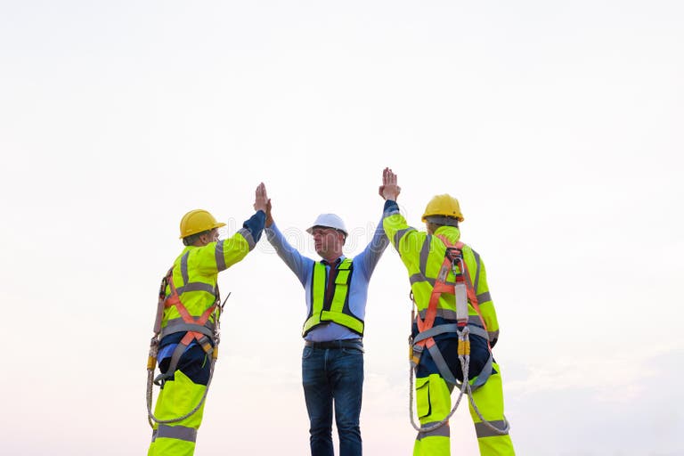Engineer Team and Inspector Holding Hand on White Background Stock ...