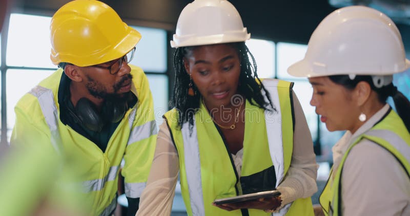 Engineer, Team and Brainstorming for Construction, Blueprint or Talking ...