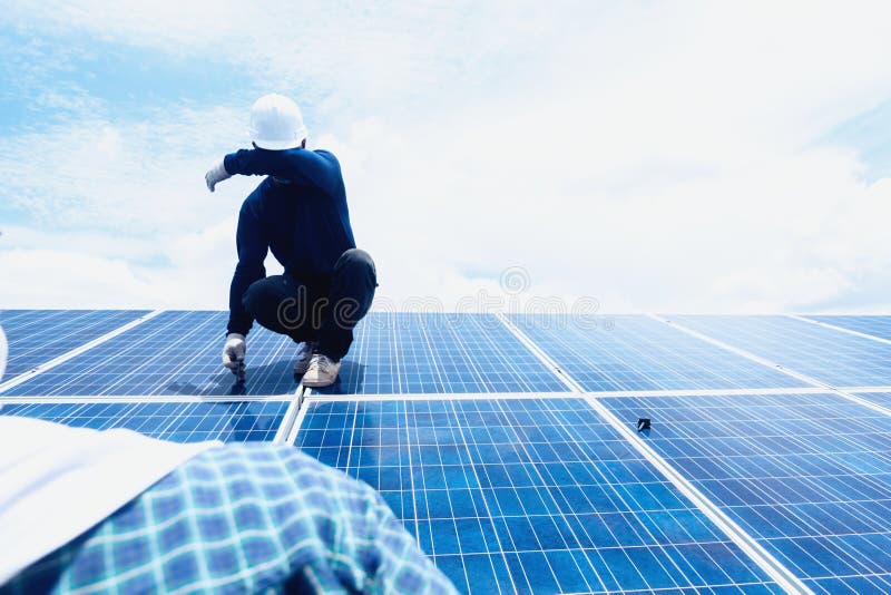 Engineer Team Working on Replacement Solar Panel in Solar Power Stock ...