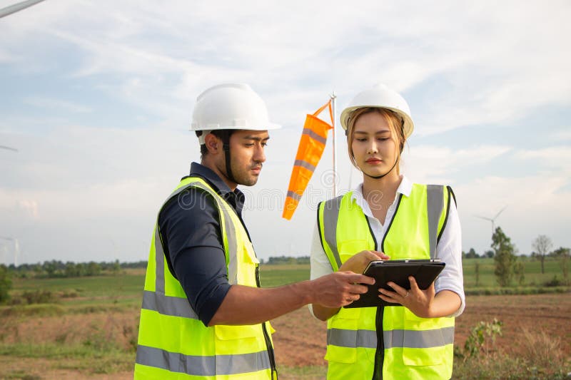 Engineer Team Working in Wind Turbine Farm. Renewable Energy with Wind ...
