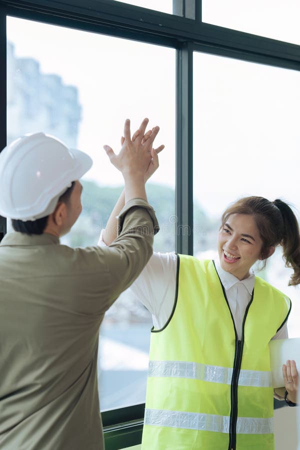Engineer Teamwork and Architect Working and High Five for Successful ...