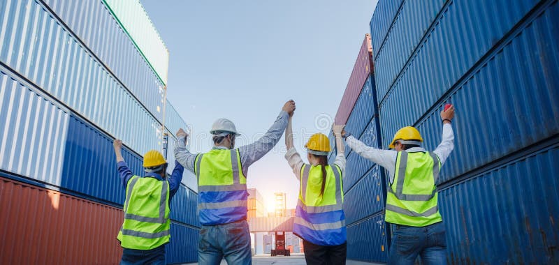 Engineer Teamwork Hand Up At Container Cargo Team Of Engineering