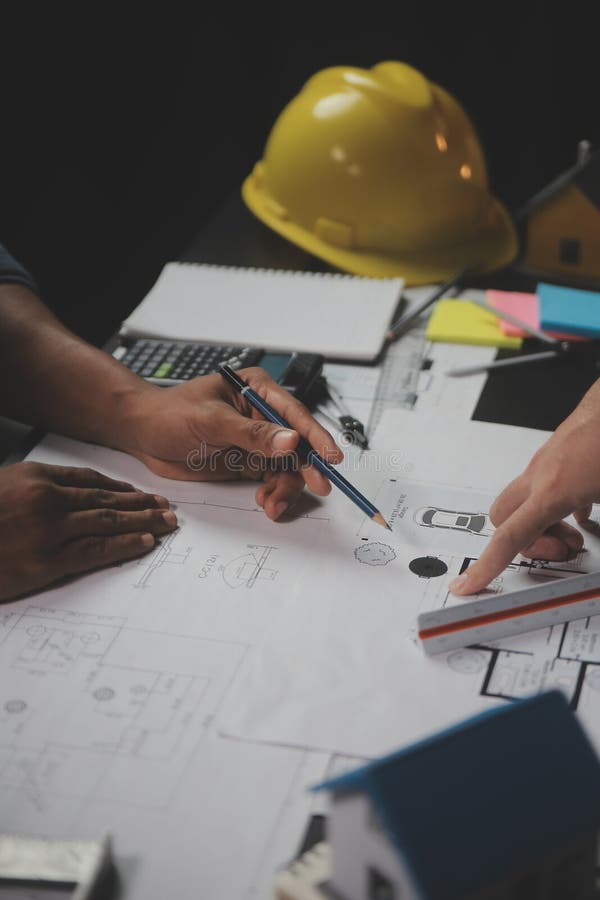 Engineer Teamwork Meeting, Drawing Working on Blueprint Meeting for ...