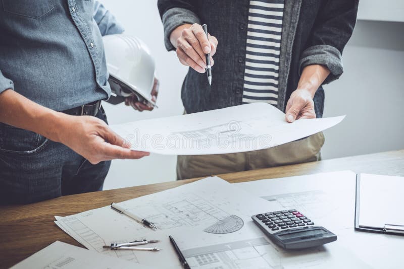 Engineer Teamwork Meeting, Drawing Working on Blueprint Meeting for ...