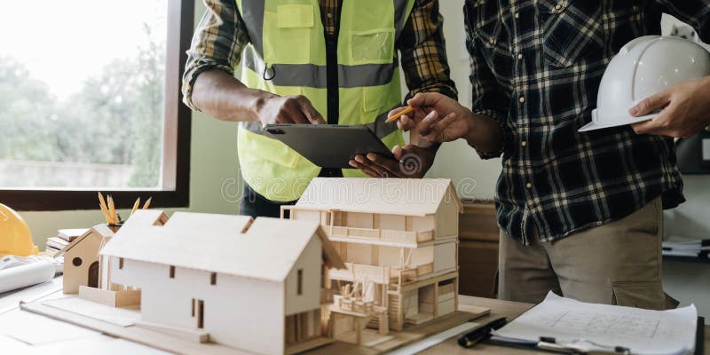 Engineer Teamwork Meeting, Drawing Working on Blueprint Meeting for ...