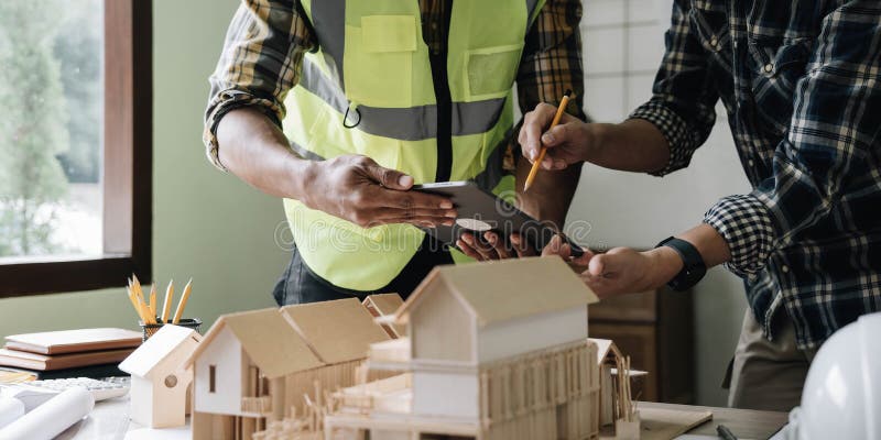 Civil Engineer Teams Meeting Working Together Wear Worker Helmets ...