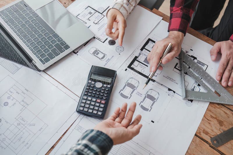 Engineer Teamwork Meeting, Drawing Working on Blueprint Meeting for ...