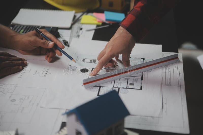 .Engineer Teamwork Meeting, Drawing Working on Blueprint Meeting for ...