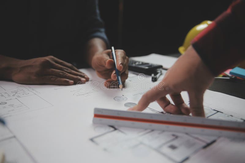 .Engineer Teamwork Meeting, Drawing Working on Blueprint Meeting for ...