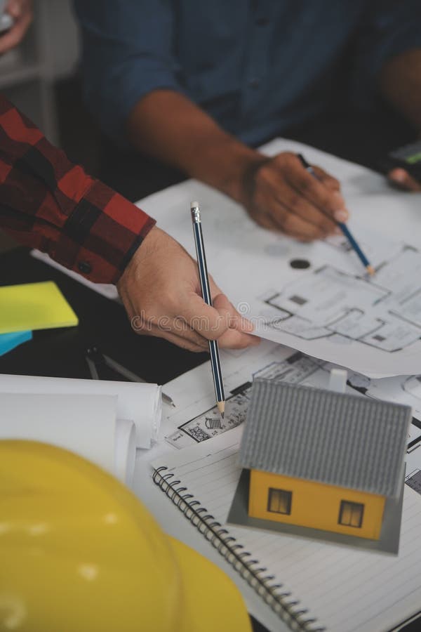 .Engineer Teamwork Meeting, Drawing Working on Blueprint Meeting for ...