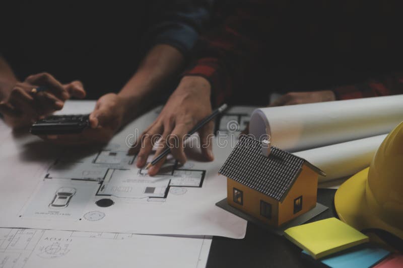 .Engineer Teamwork Meeting, Drawing Working on Blueprint Meeting for ...