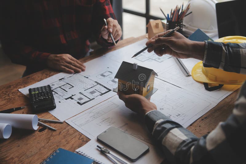 Engineer Teamwork Meeting, Drawing Working on Blueprint Meeting for ...