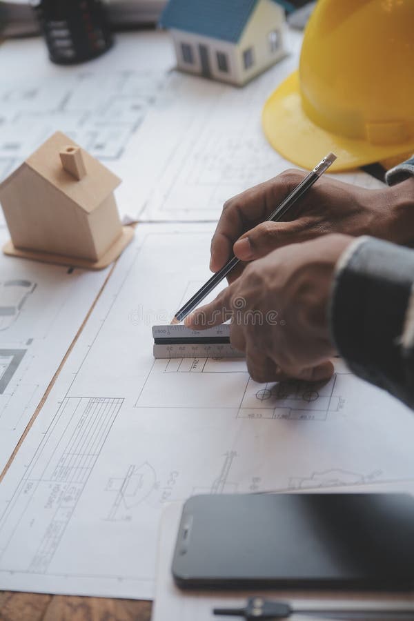 Engineer Teamwork Meeting, Drawing Working on Blueprint Meeting for ...