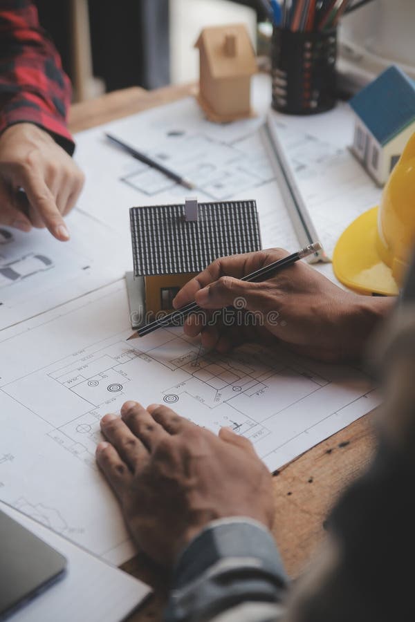 Engineer Teamwork Meeting, Drawing Working on Blueprint Meeting for ...