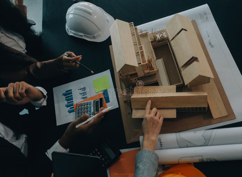 Engineer Teamwork Meeting, Drawing Working on Blueprint Meeting for ...