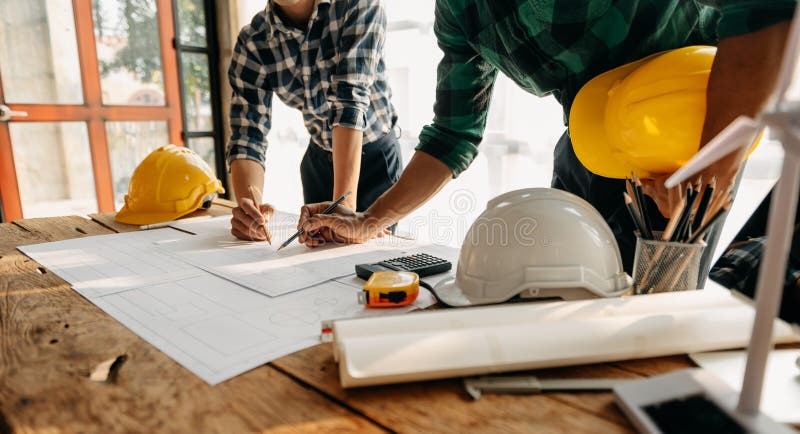 Engineer Teamwork Meeting, Drawing Working on Blueprint Meeting for ...