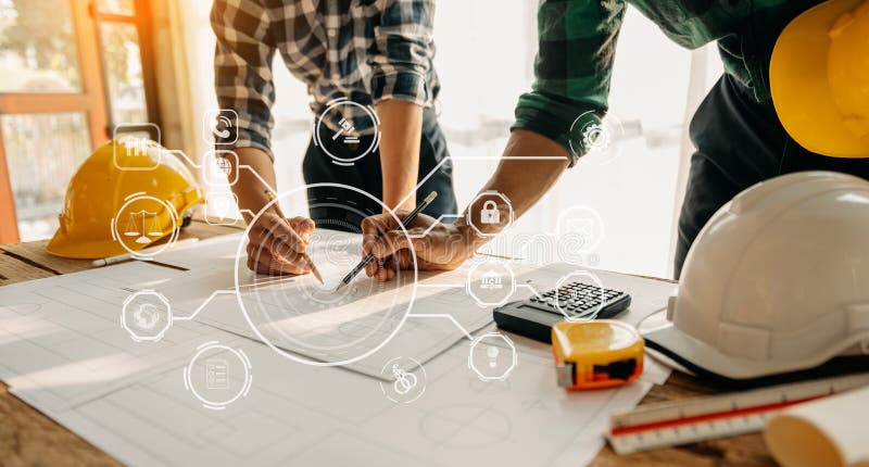 Engineer Teamwork Meeting, Drawing Working on Blueprint Meeting for ...