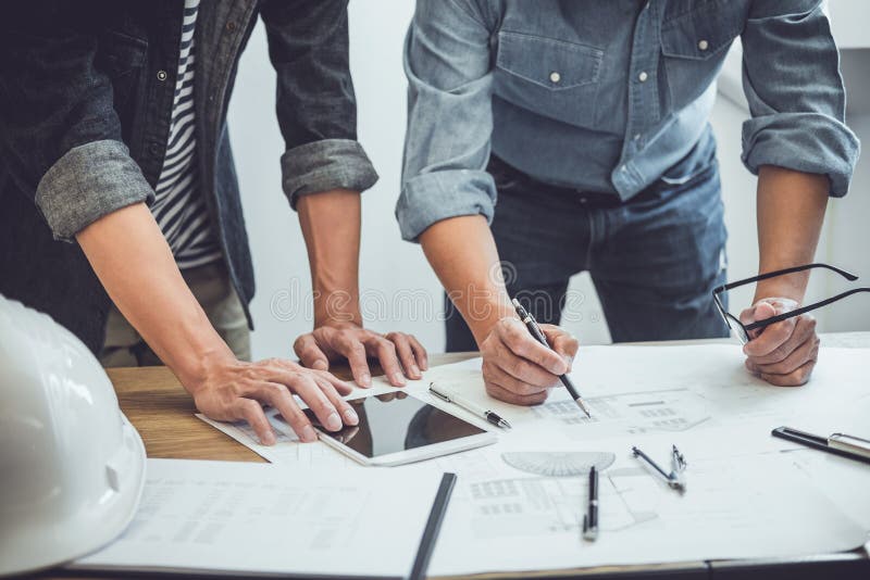 Engineer Teamwork Meeting, Drawing Working on Blueprint Meeting for ...