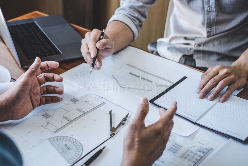 Engineer Teamwork Meeting, Drawing Working on Blueprint Meeting for ...