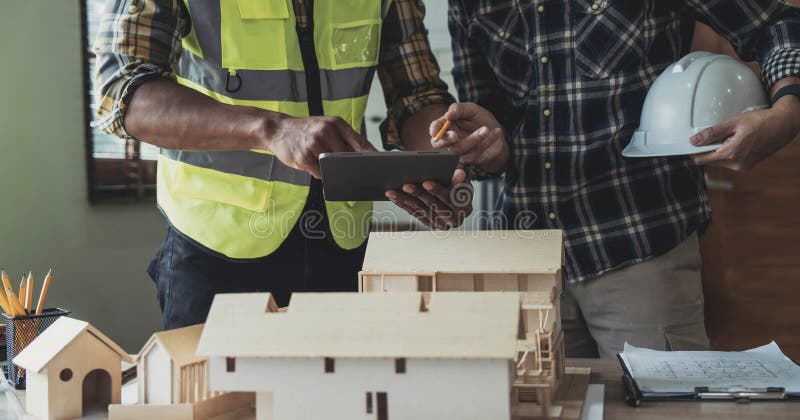 Engineer Teamwork Meeting, Drawing Working on Blueprint Meeting for ...