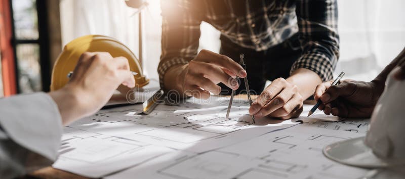 Engineer Teamwork Meeting, Drawing Working on Blueprint Meeting for ...