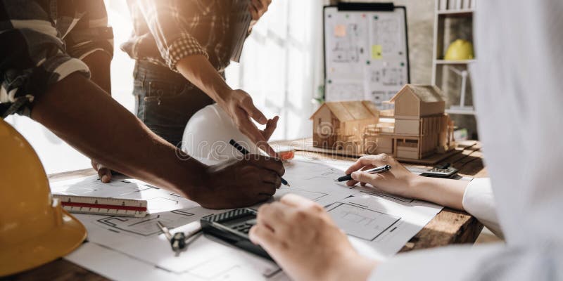 Engineer Teamwork Meeting, Drawing Working on Blueprint Meeting for ...