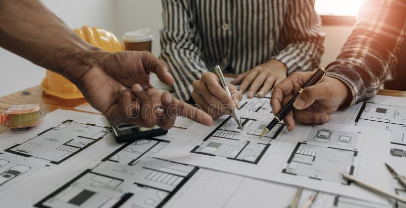 Engineer Teamwork Meeting, Drawing Working on Blueprint Meeting for ...