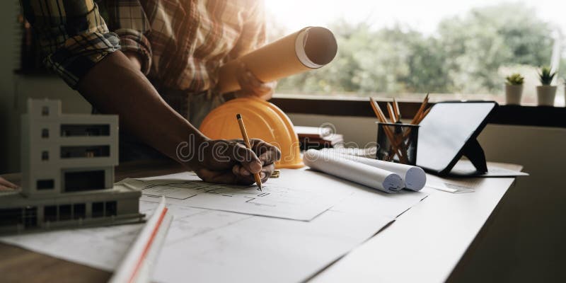 Engineer Teamwork Meeting, Drawing Working on Blueprint Meeting for ...