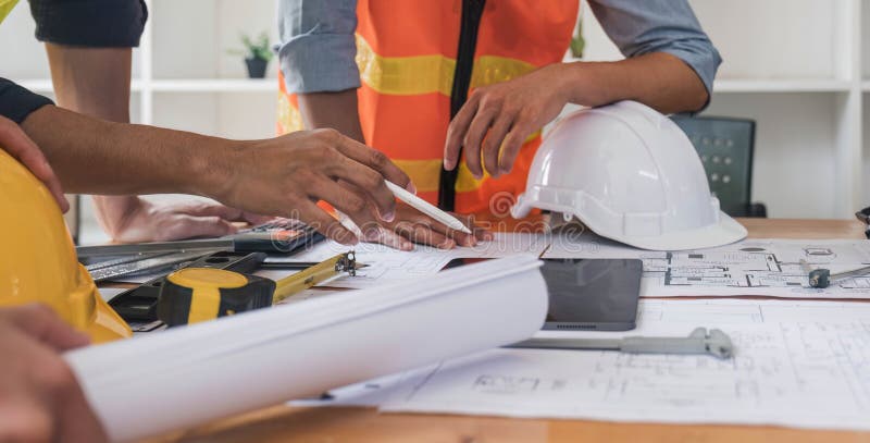 Engineer Teamwork Meeting, Drawing Working on Blueprint Meeting for ...