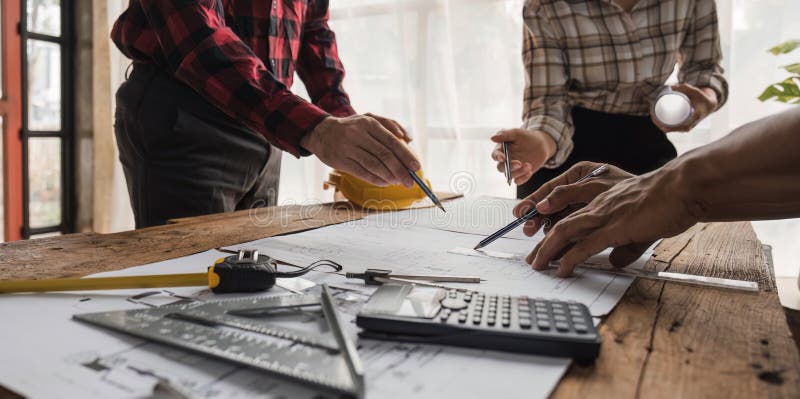 Engineer Teamwork Meeting, Drawing Working on Blueprint Meeting for ...