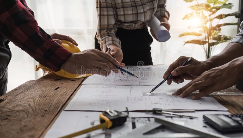 Engineer Teamwork Meeting, Drawing Working on Blueprint Meeting for ...