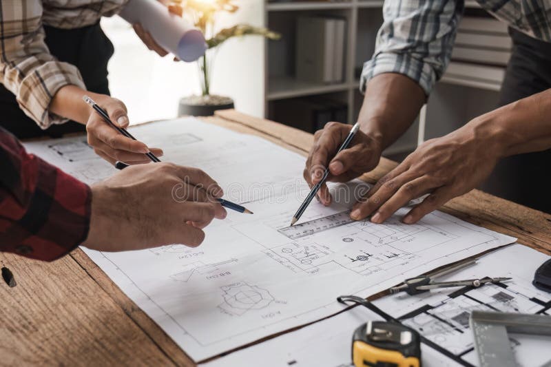 Engineer Teamwork Meeting, Drawing Working on Blueprint Meeting for ...